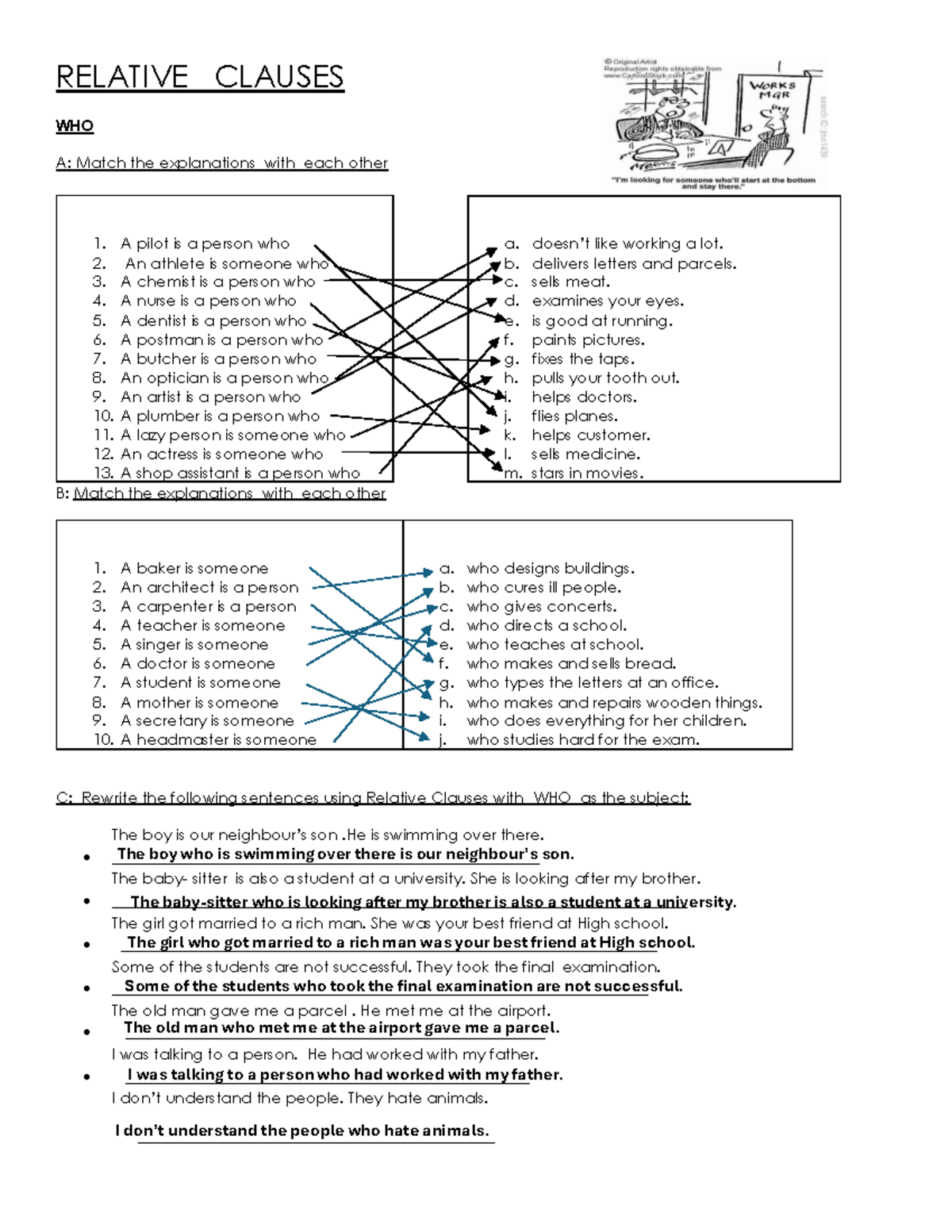 Relative Clauses Worksheet: Using 'Who' for Sentence Construction - Studocu