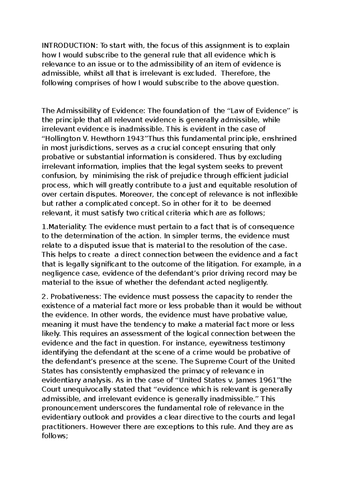 LAW2103: Assignment on Admissibility of Evidence Principles - Studocu