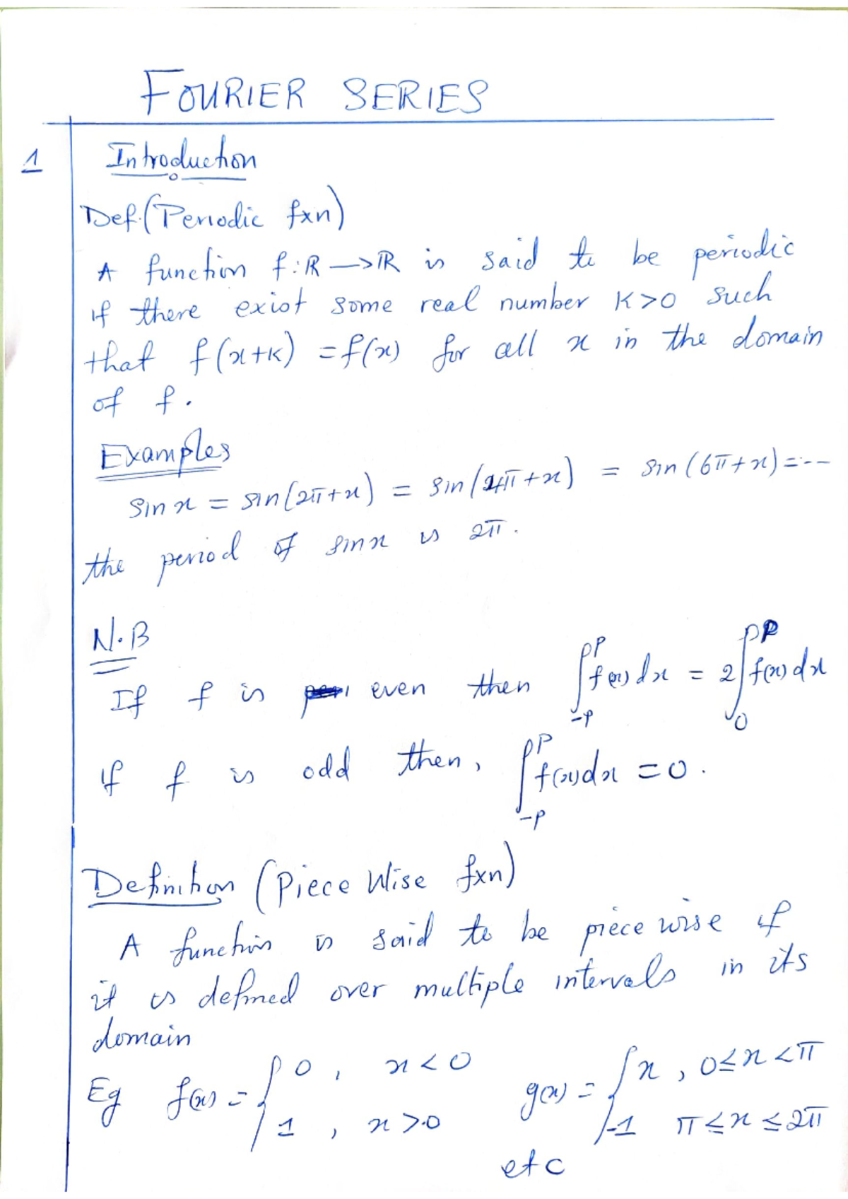 Fourier Series Lecture Notes - Introduction and Definitions - Studocu