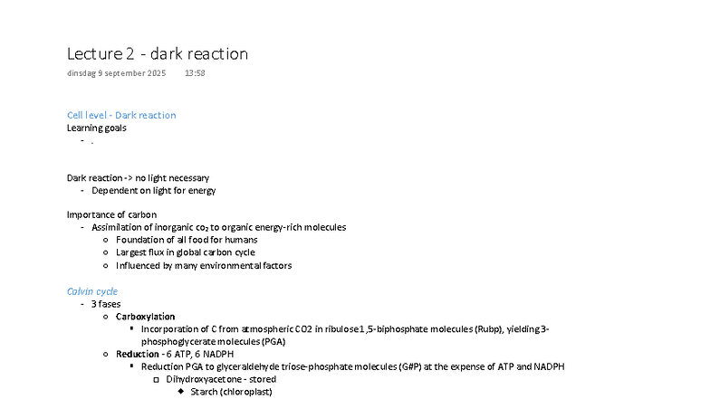 Lecture 2: Dark Reaction and Calvin Cycle Overview - Studeersnel