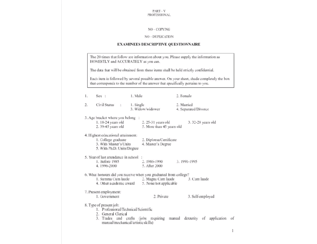 CS Reviewer: Professional No Copying Exam Questionnaire - Studocu