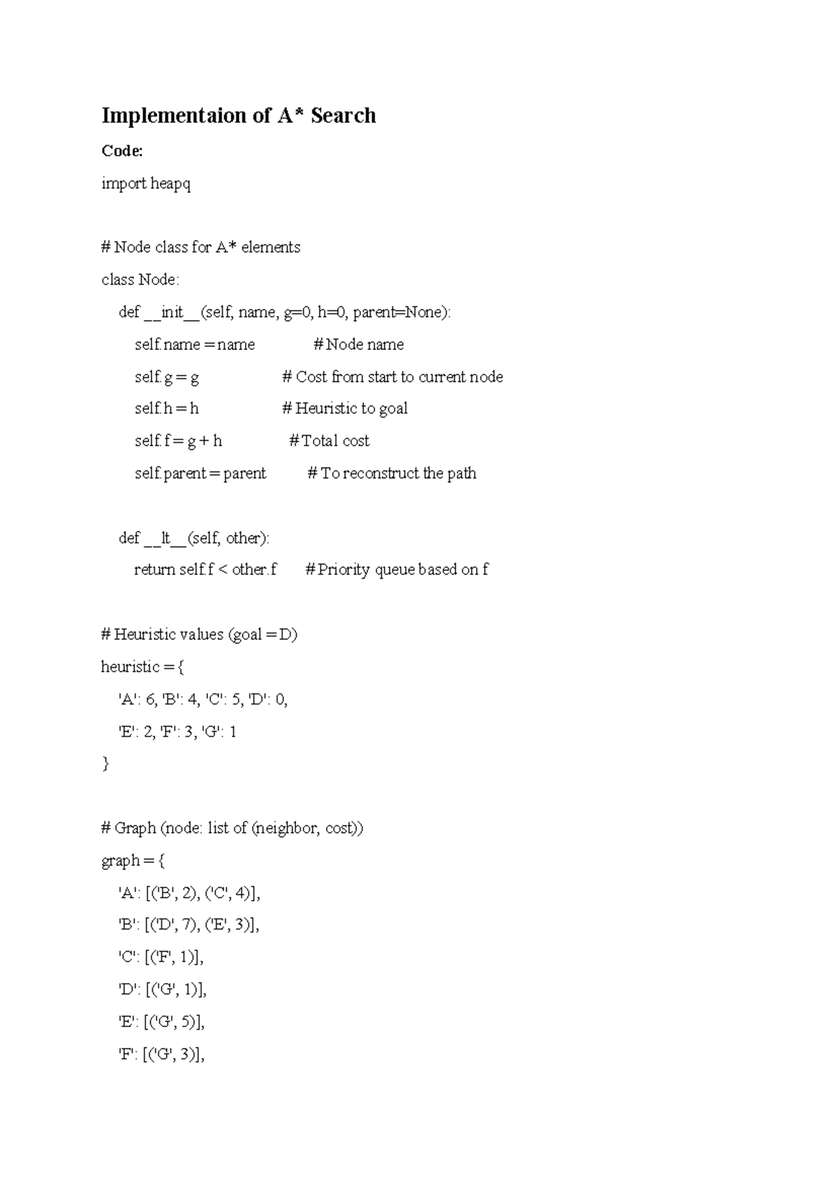 Implementation of A* Search Algorithm: Code & Explanation - Studocu
