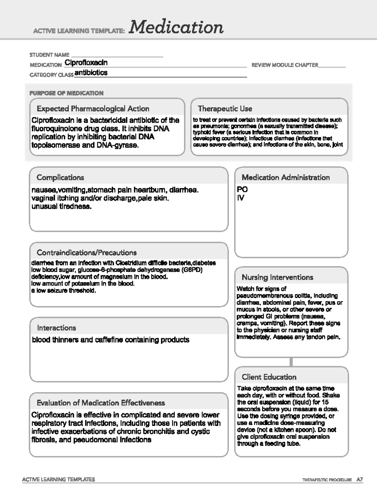 Ciprofloxacin Medication Overview - ATI Active Learning Template - Studocu