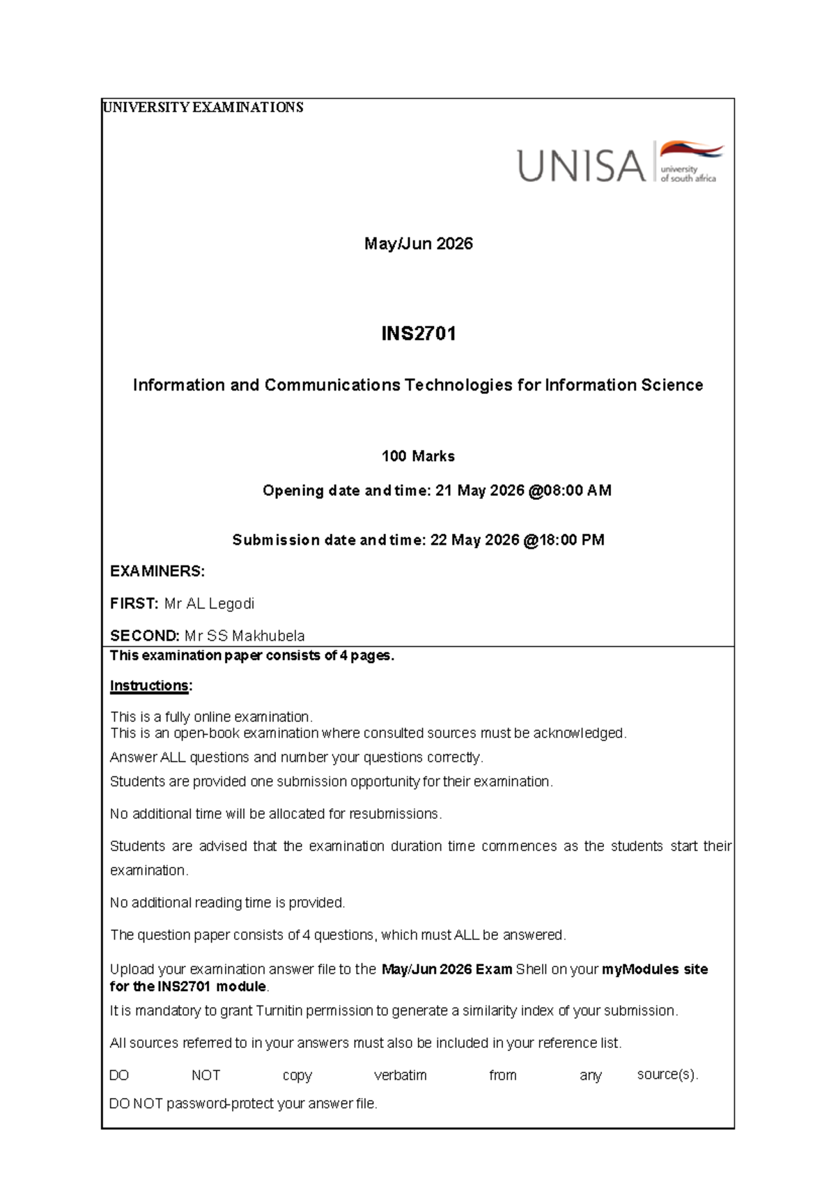 INS2701 2026 Final Exam: Information & Communications Technologies ...