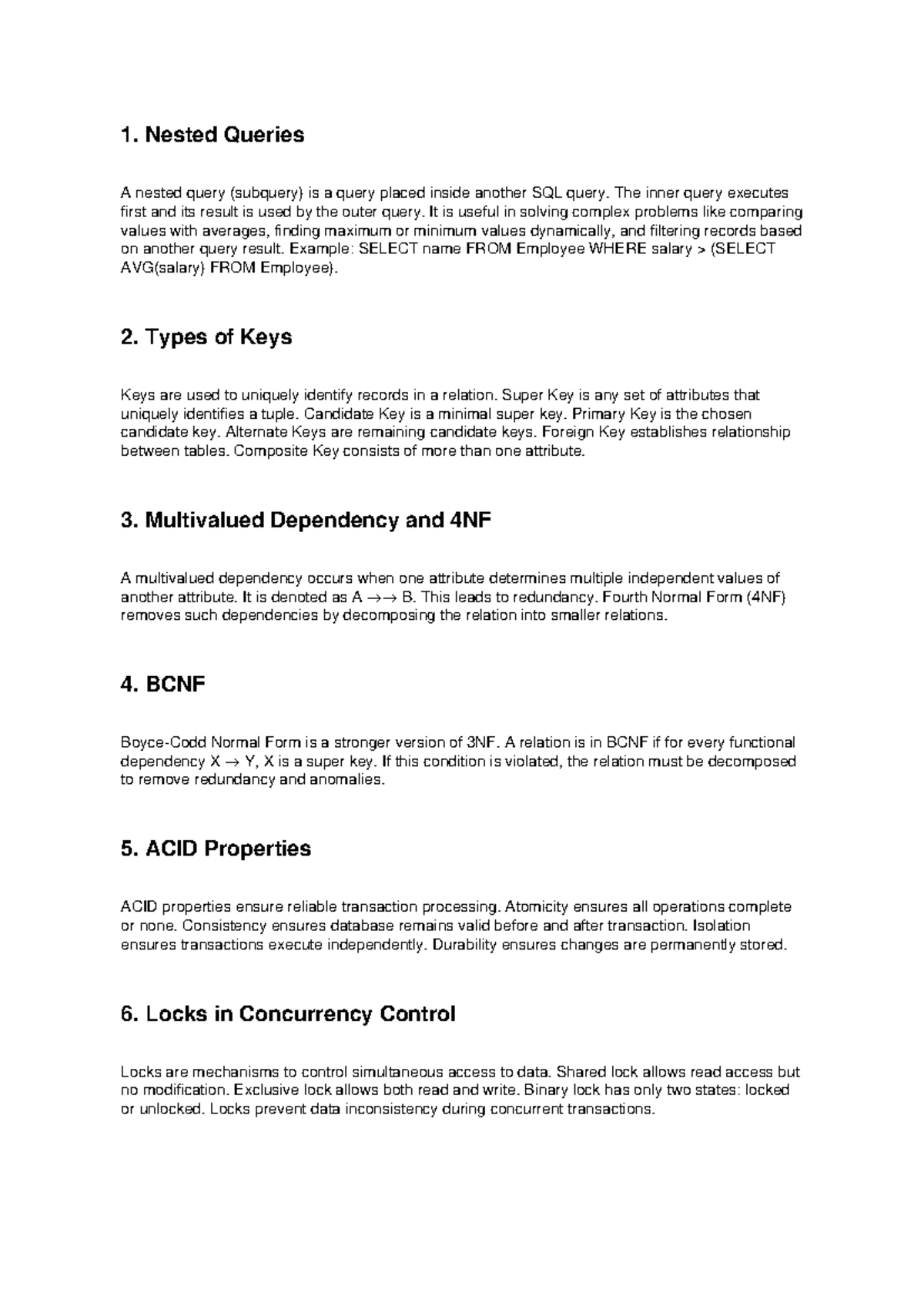 DBMS Detailed Notes: Nested Queries, Keys, 4NF, ACID & Locks - Studocu