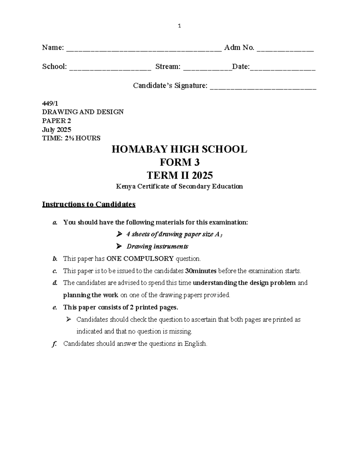 FORM 3 TERM II 2025 Drawing & Design Paper 2 Exam - Studocu