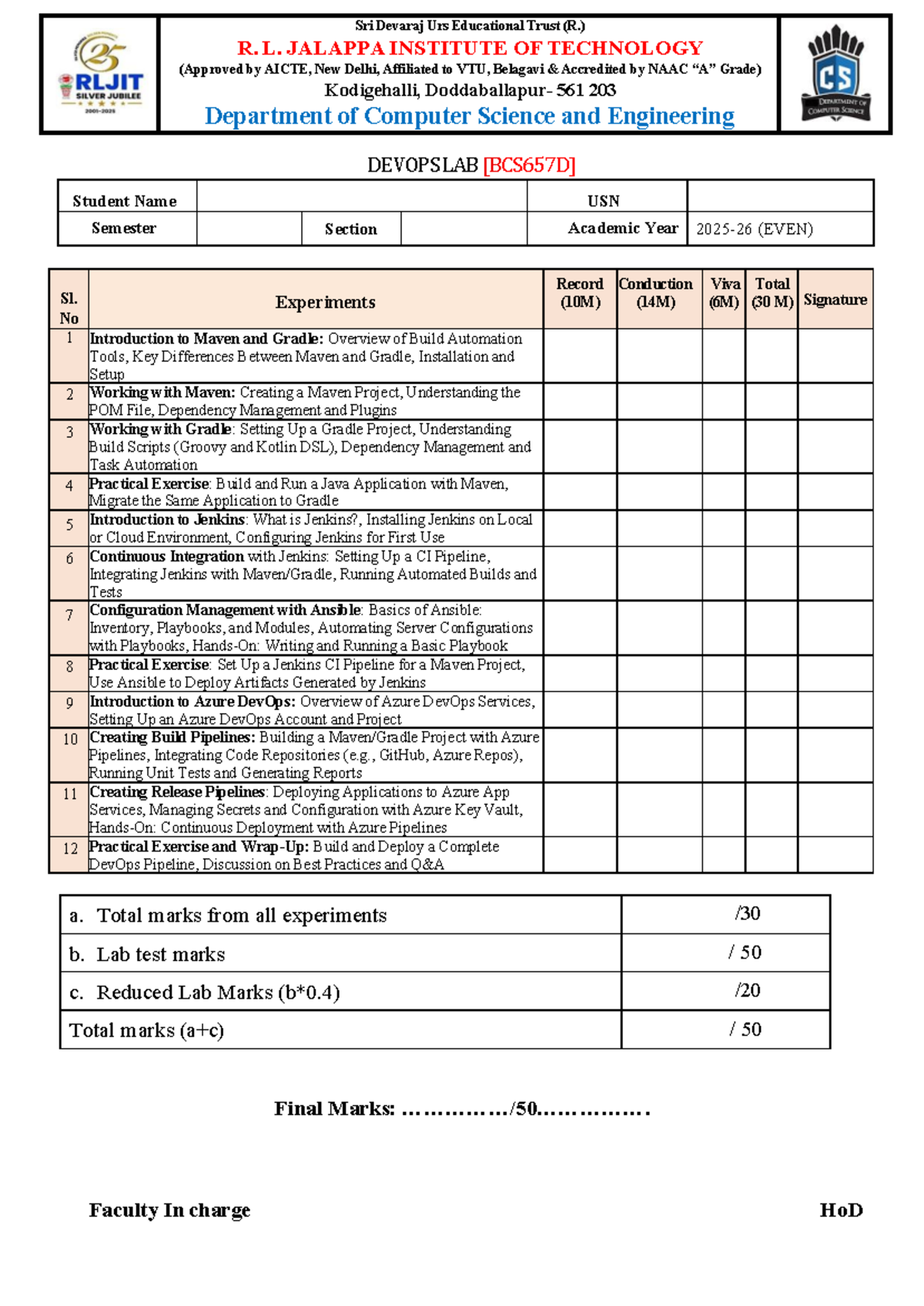 DevOps Lab Record Rubrics (CSE 6th Sem) - Experiments & Evaluation ...