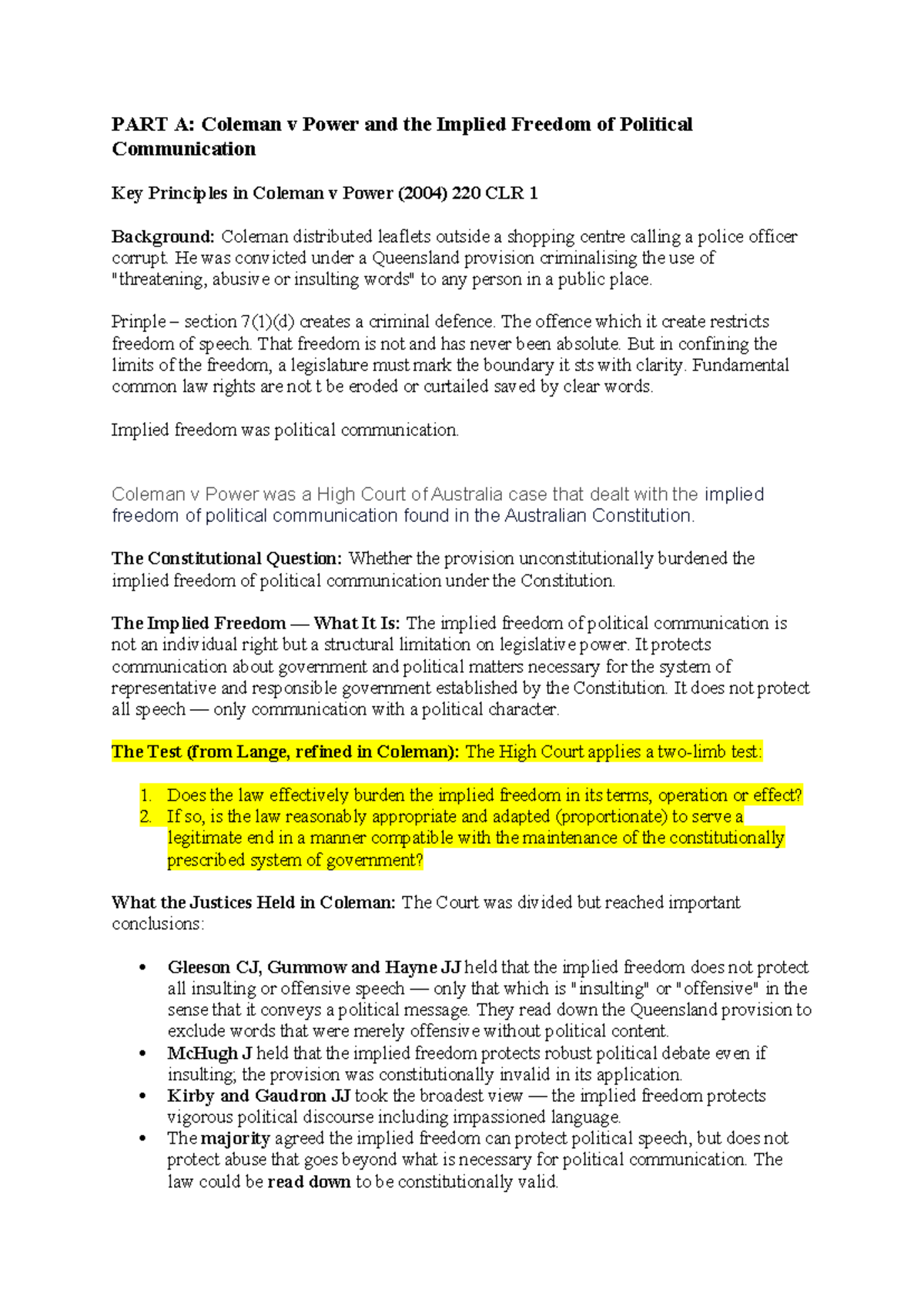 Coleman v Power: Implied Freedom of Political Communication Analysis ...