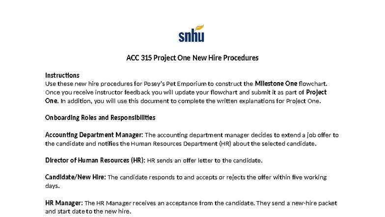 ACC 315 Project One: New Hire Procedures Flowchart Guide - Studocu