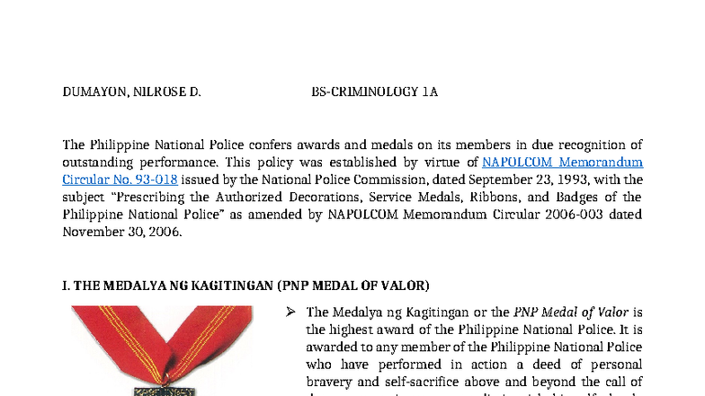 PNP Medals and Awards: Recognition of Valor and Service - Studocu