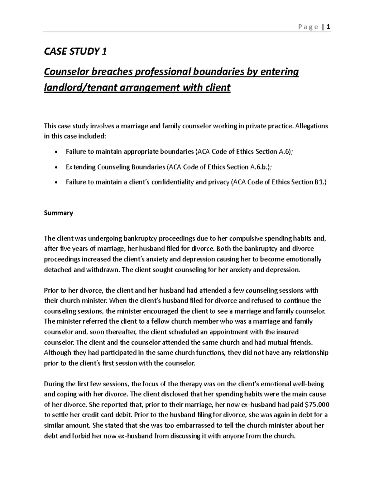 Case Study Analysis: Counselor Boundary Violations and Legal ...