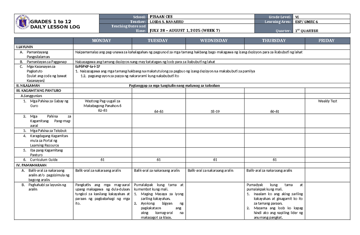 DLL ESP 6 Q1 W7: Daily Lesson Log for Grades 1-12 - Studocu