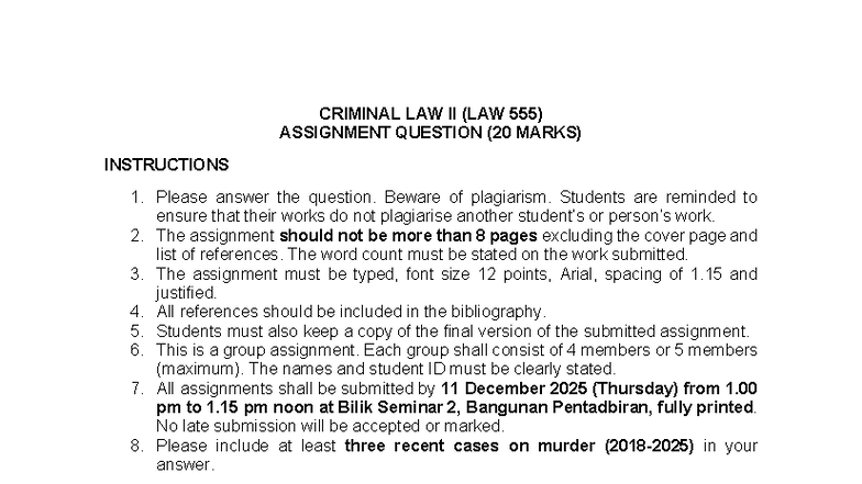 LAW ASSIGNMENT: CRIMINAL LAW II - MURDER CASE ANALYSIS (20 MARKS) - Studocu