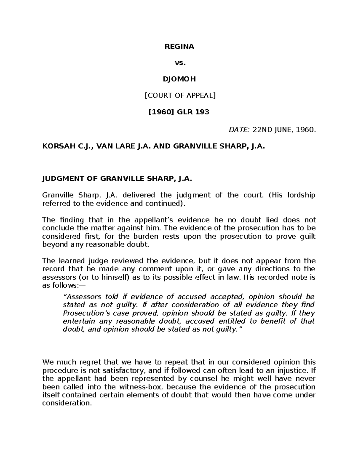 Regina vs. Djomoh: Judgment Analysis - Case Study Notes - Studocu