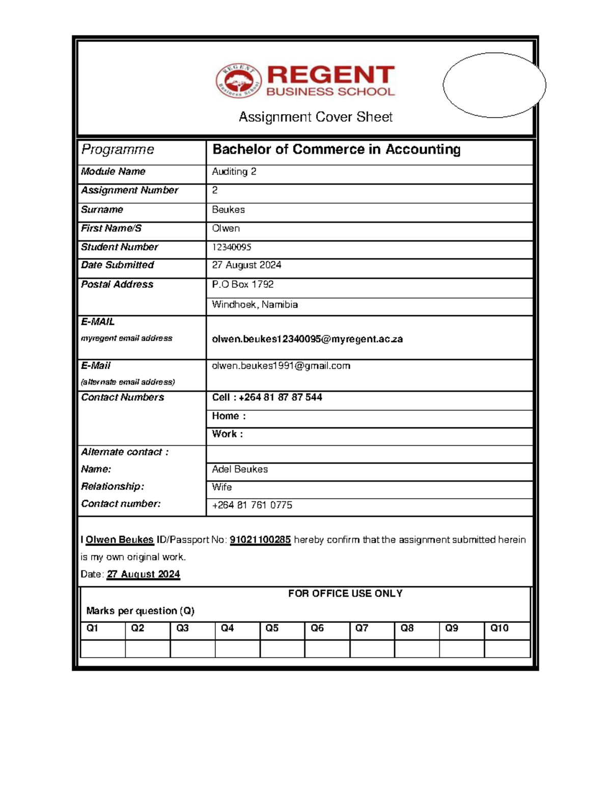 Auditing 2 assignment cover sheet and client risk assessment - Studocu