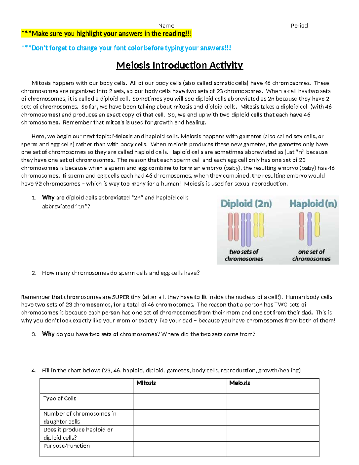 Meiosis Intro Activity: Understanding Diploid vs. Haploid Cells - Studocu