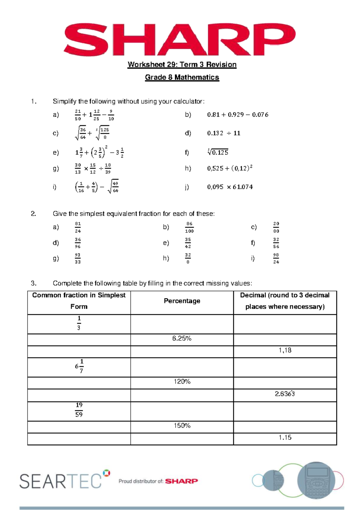 Worksheet 29: Term 3 Revision for Grade 8 Mathematics - Studocu