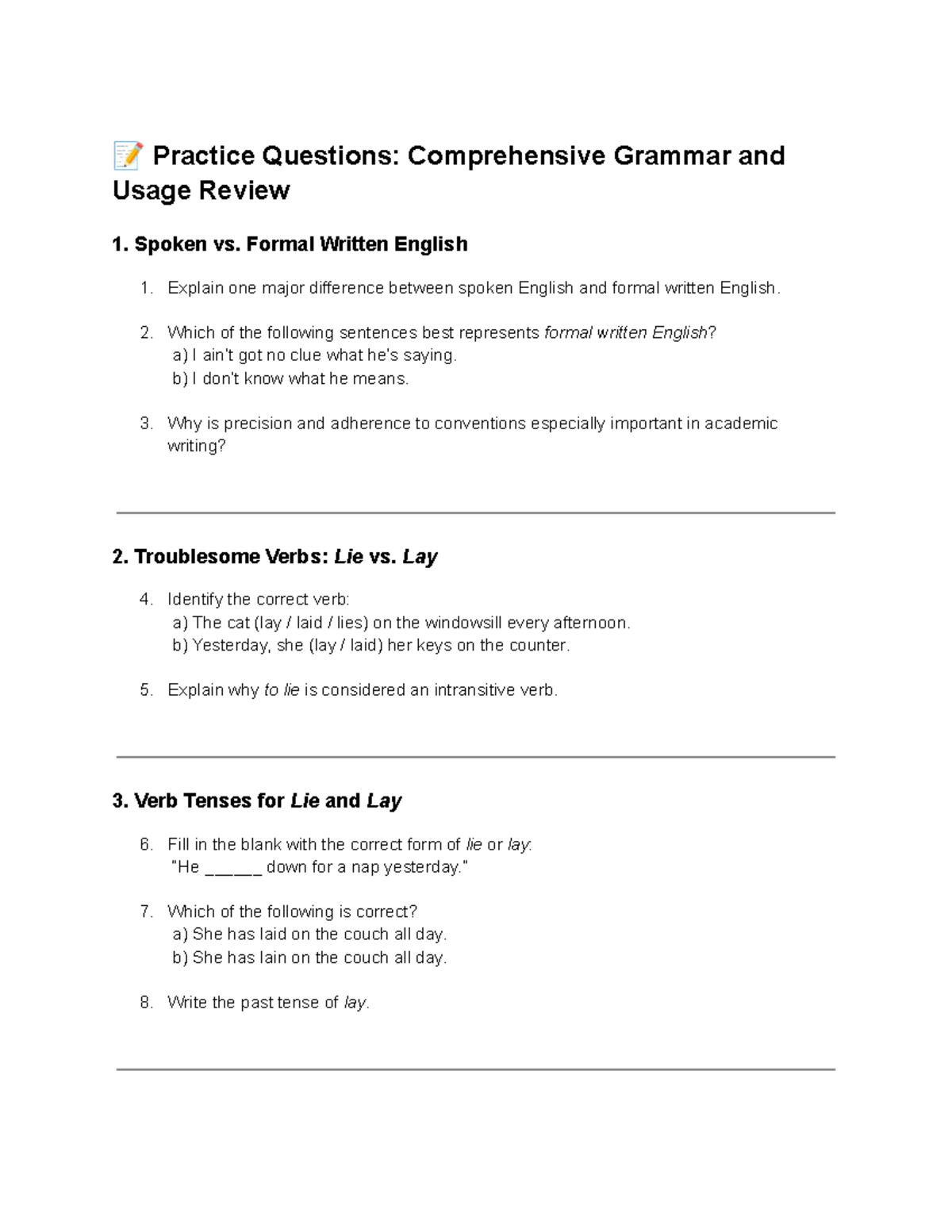 Comprehensive Grammar & Usage Practice Questions: Review 1 - Studocu