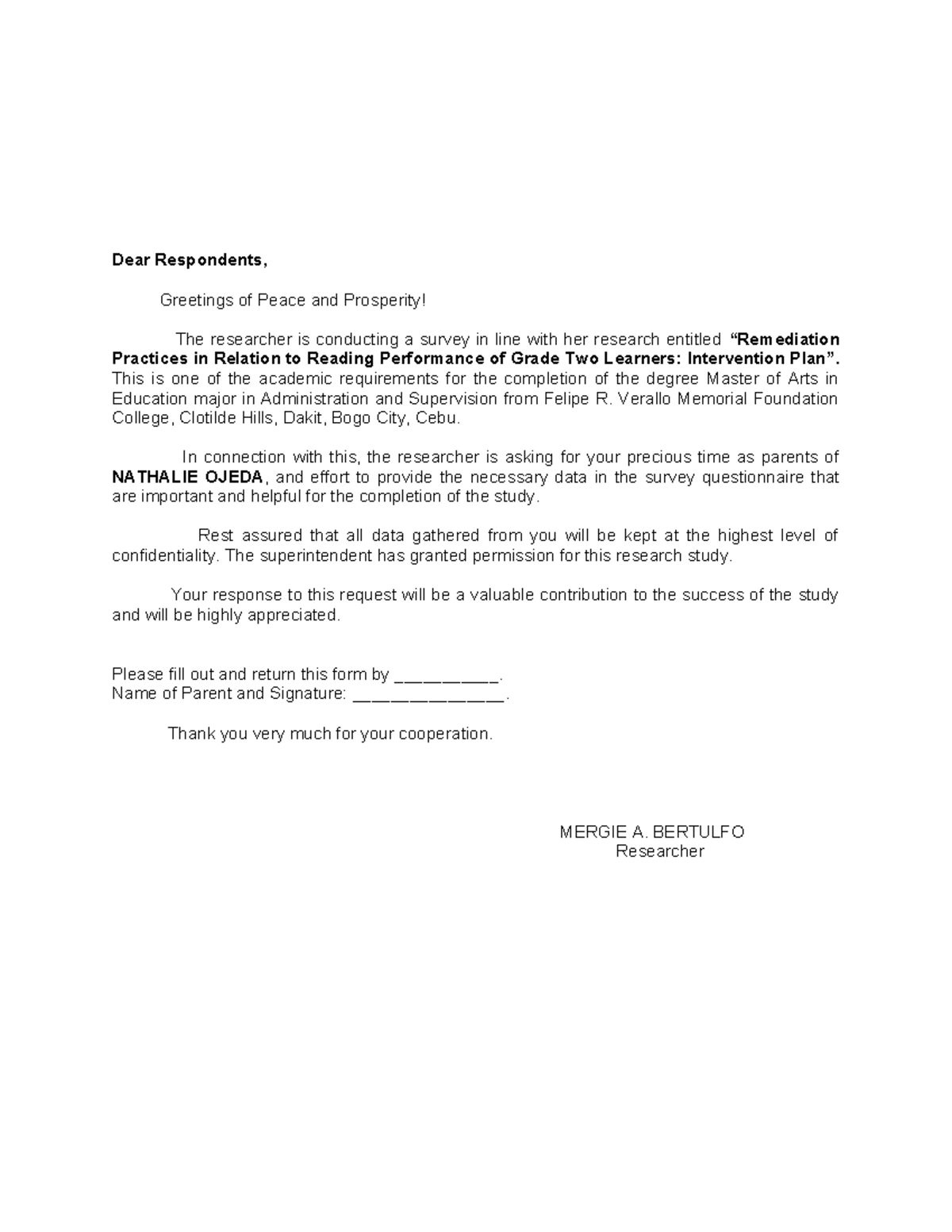 Respondent Letter - none - Dear Respondents, Greetings of Peace and ...