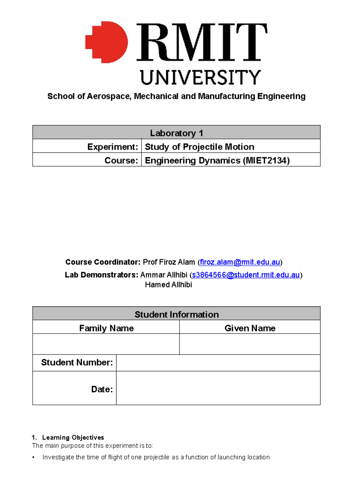 Engineering Dynamics (MIET2134) Lab 1: Projectile Motion Experiment ...