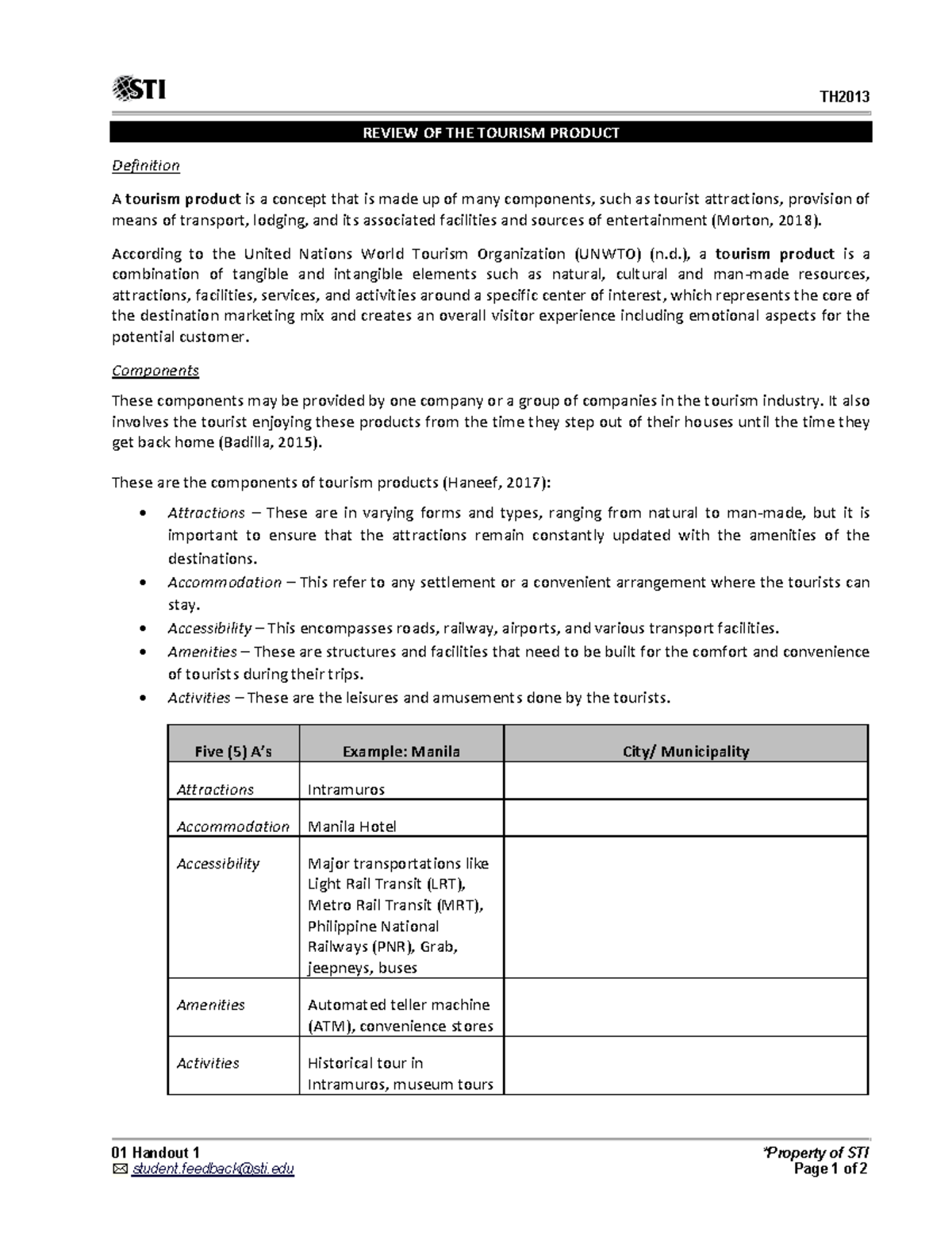 01 Handout 1 - Helpful - TH 01 Handout 1 *Property of STI student@sti Page 1 of 2 REVIEW OF THE ...