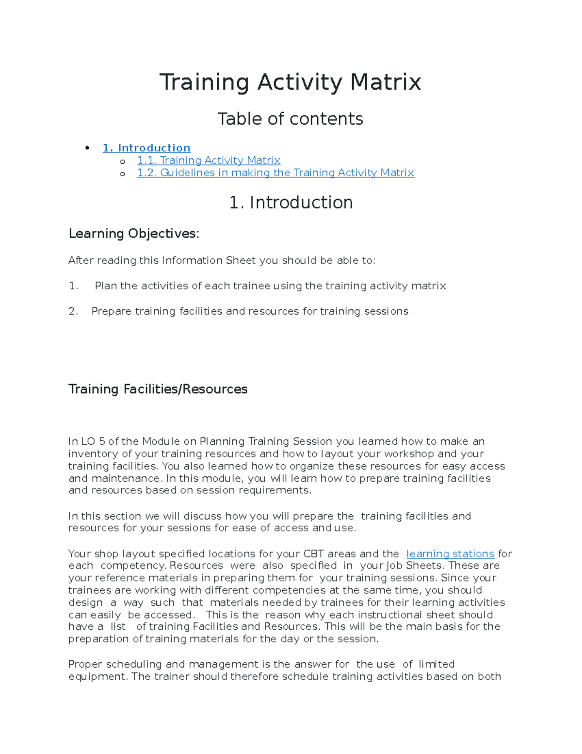 (6) Training Activity Matrix: Planning & Monitoring Trainee Activities - Studocu