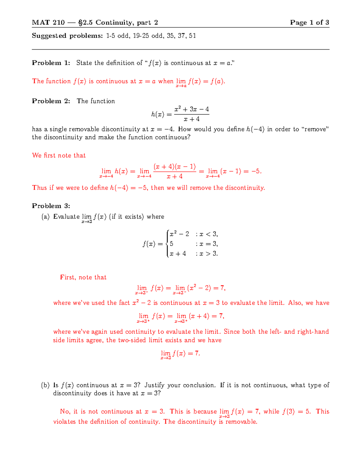 MAT 210 - §2.5 Continuity, Part 2 Solutions and Examples - Studocu
