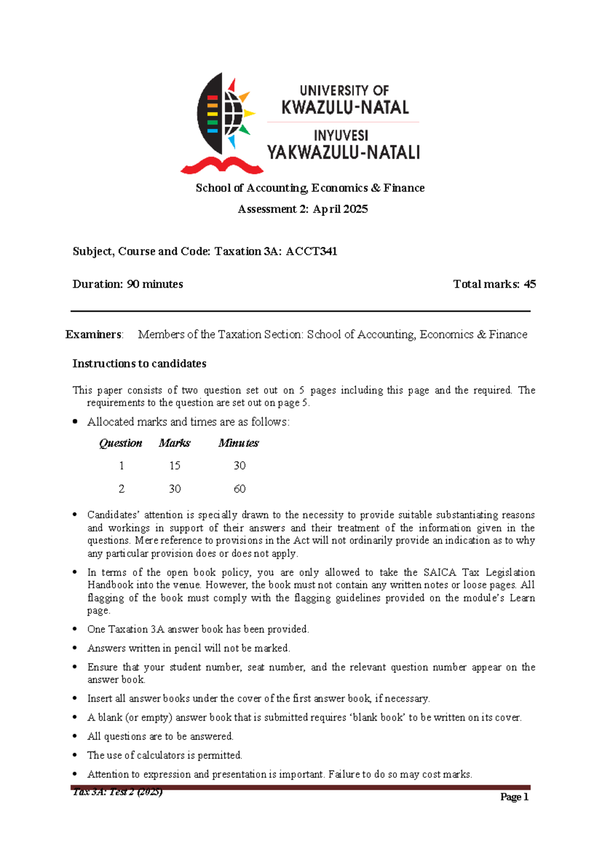 Taxation 3A: ACCT341 Test 2 Guidelines and Requirements (April 2025 ...