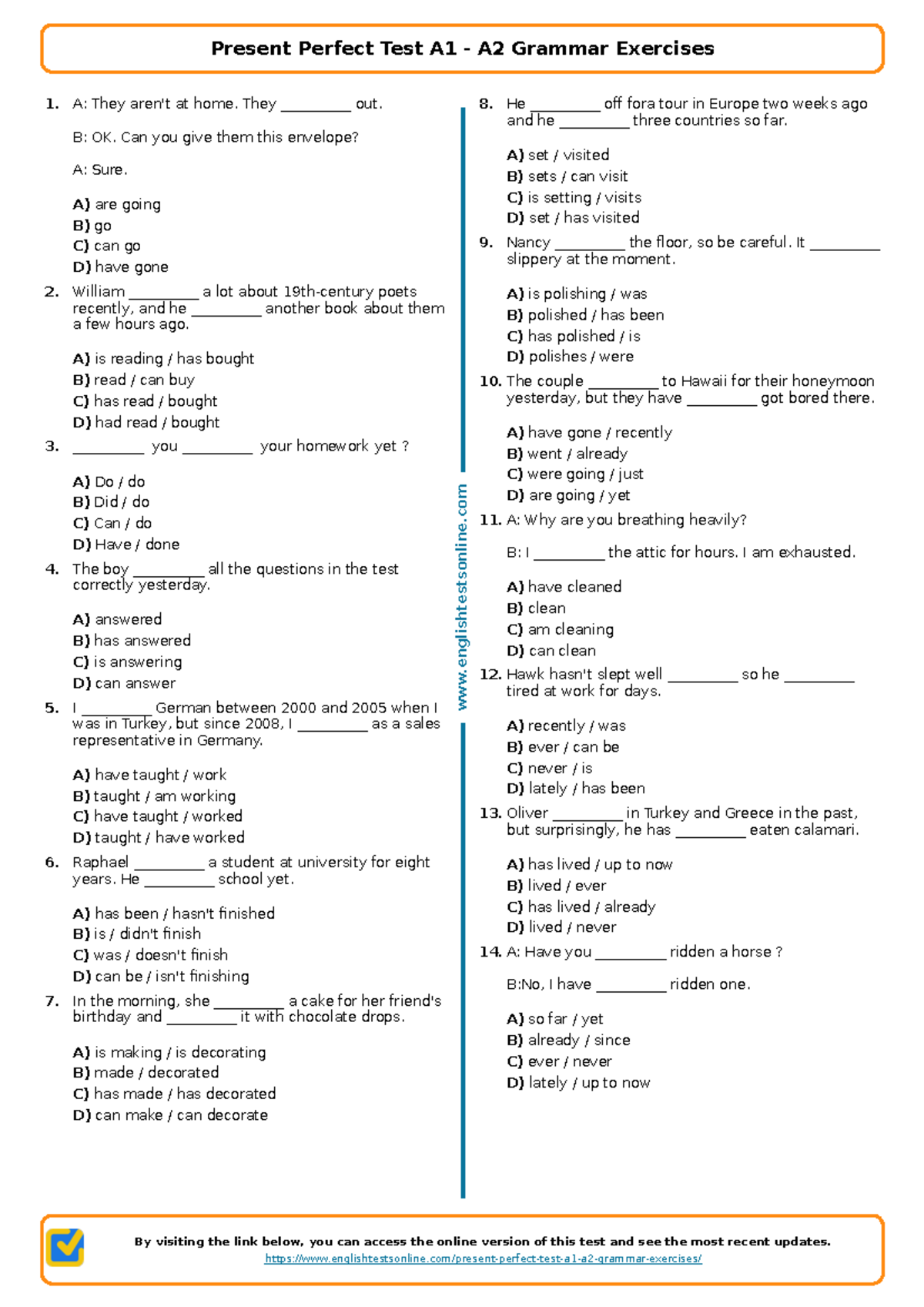 Present Perfect Test A1 A2: Grammar Exercises and Answers - Studocu
