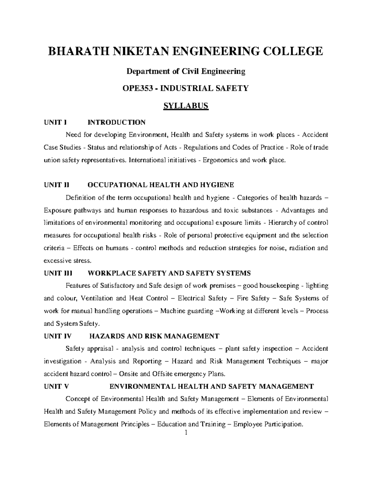 OPE353 Industrial Safety Syllabus and Notes for Civil Engineering - Studocu