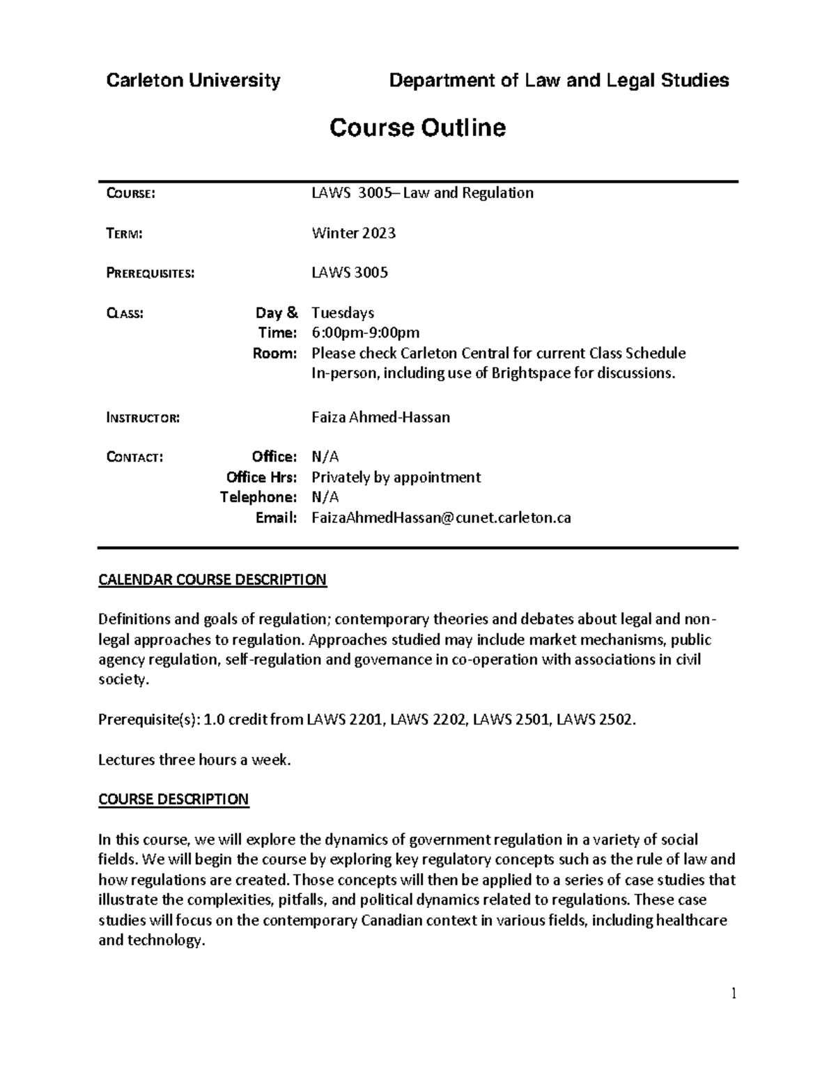 Course Outline LAWS3005: Law and Regulation - Winter 2023 - Studocu