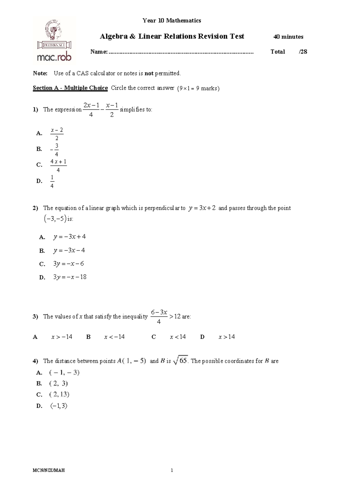 10Ma 25 Algebra Linear Relations Revision Test - Revision Questions ...
