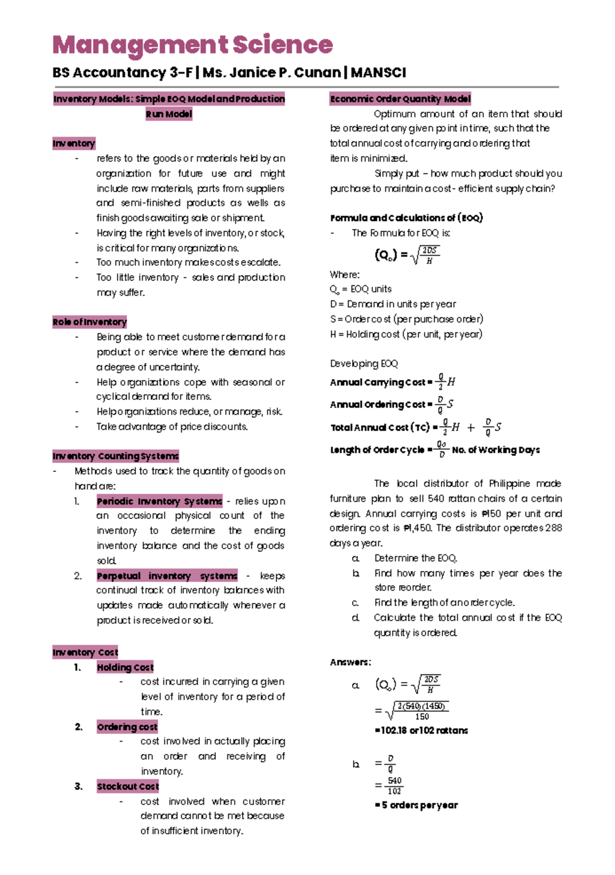 Lesson 6 - EOQ and Production Run Models in Inventory Management - Studocu