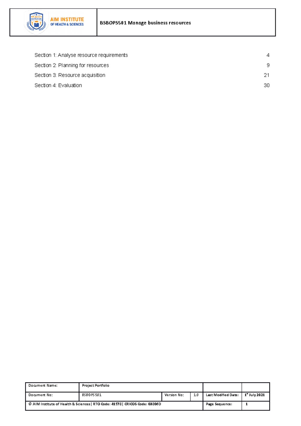 BSBOPS501 - Project Portfolio: Managing Business Resources Effectively ...