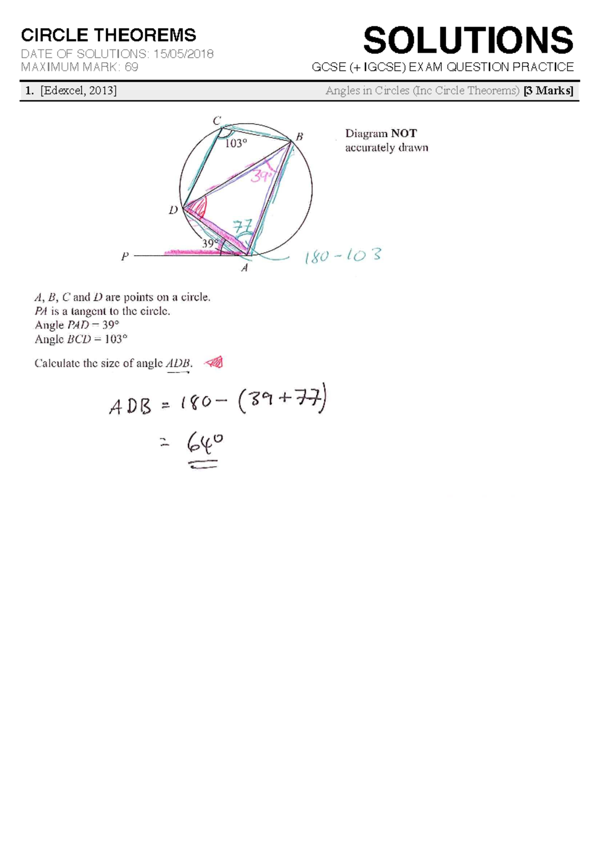 GCSE 9-1 Circle Theorems Practice Questions and Solutions - Studocu