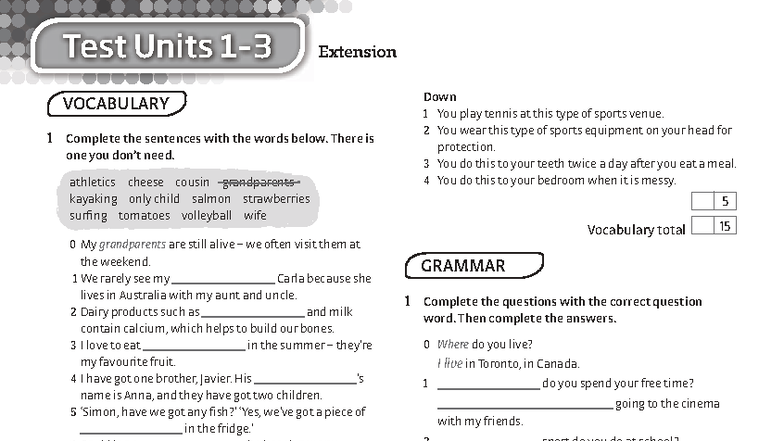 Achievers A2 Test Units 1-3 Extension Vocabulary & Grammar Guide - Studocu