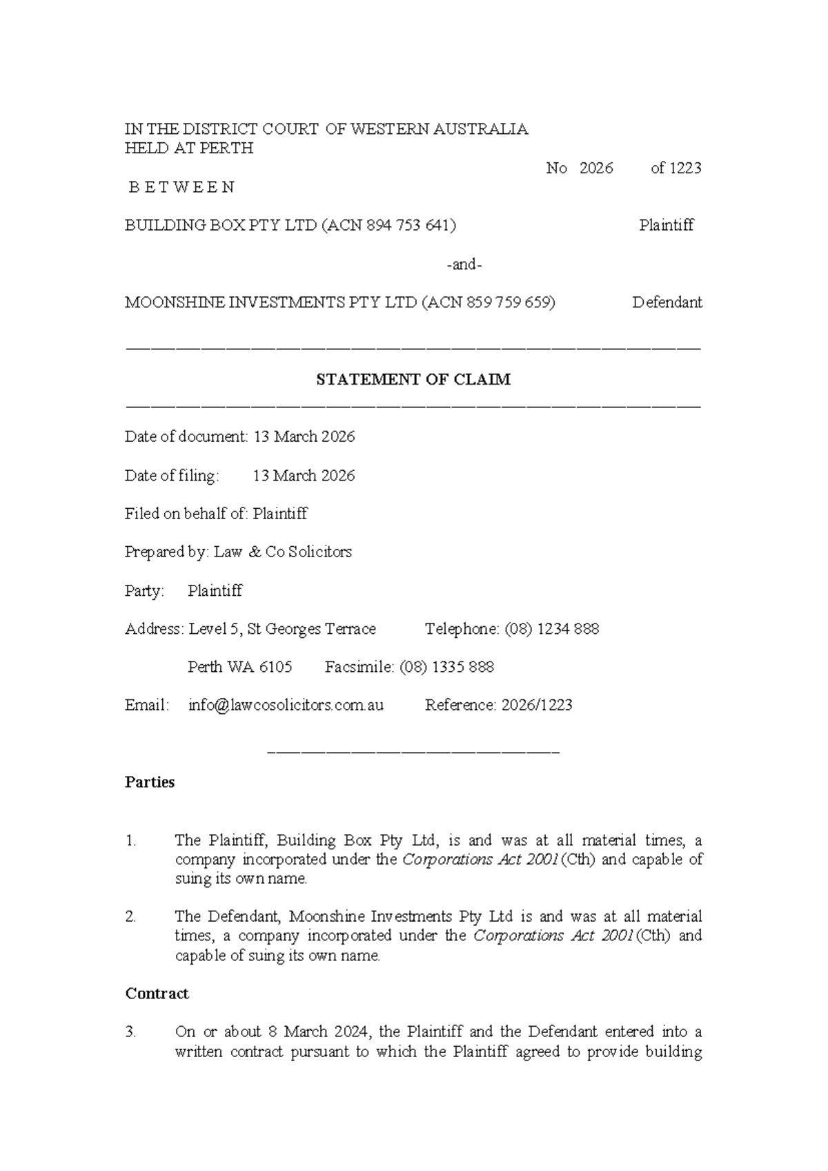 Statement of Claim - Building Box Pty Ltd v. Investments Pty Ltd (No ...