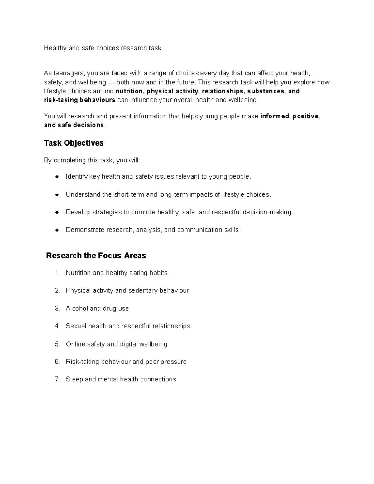 Healthy & Safe Choices Research Task for Teens - Studocu