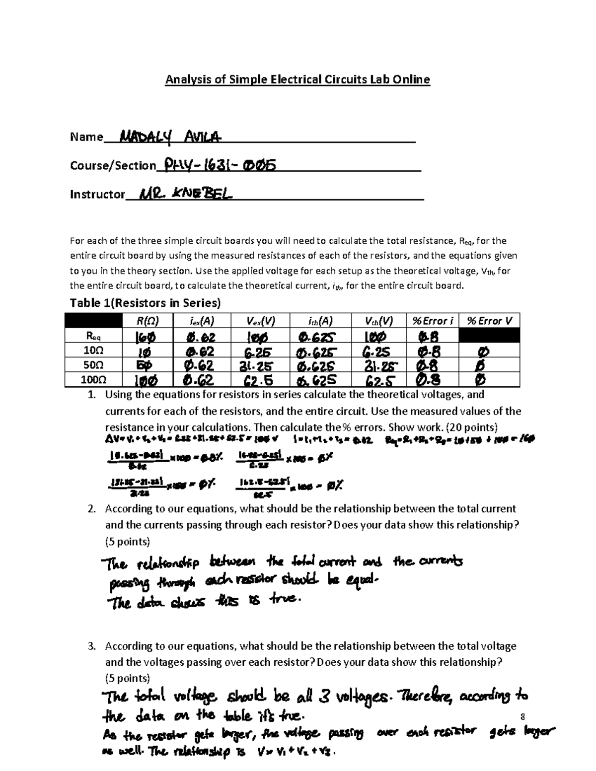 Simple Electrical Circuits Lab Analysis (PHY - 1631 - 805) - Studocu