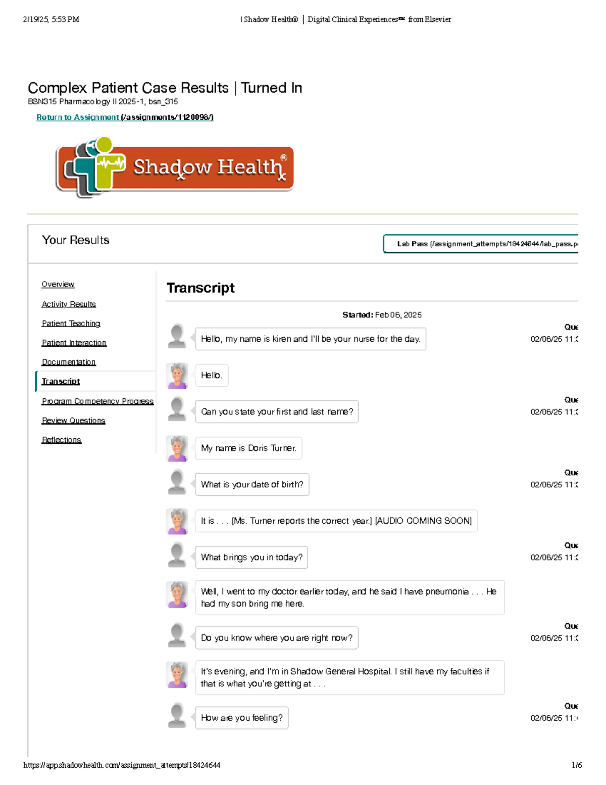 BSN315 Pharmacology II: Complex Patient Case Transcript Analysis - Studocu