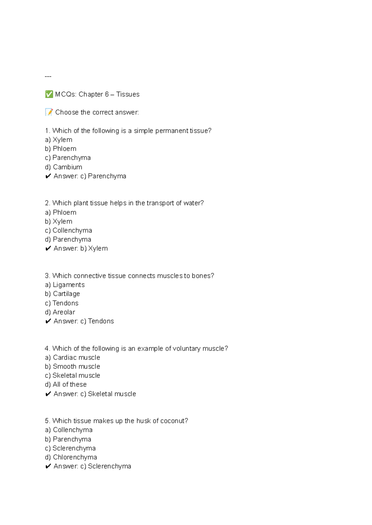 MCQs: Chapter 6 Tissues - Multiple Choice Questions & Answers - Studocu