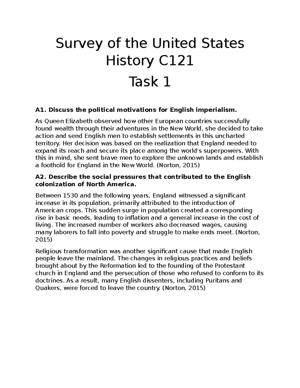 Survey of the United States History C121-Task1 - Survey of the United ...
