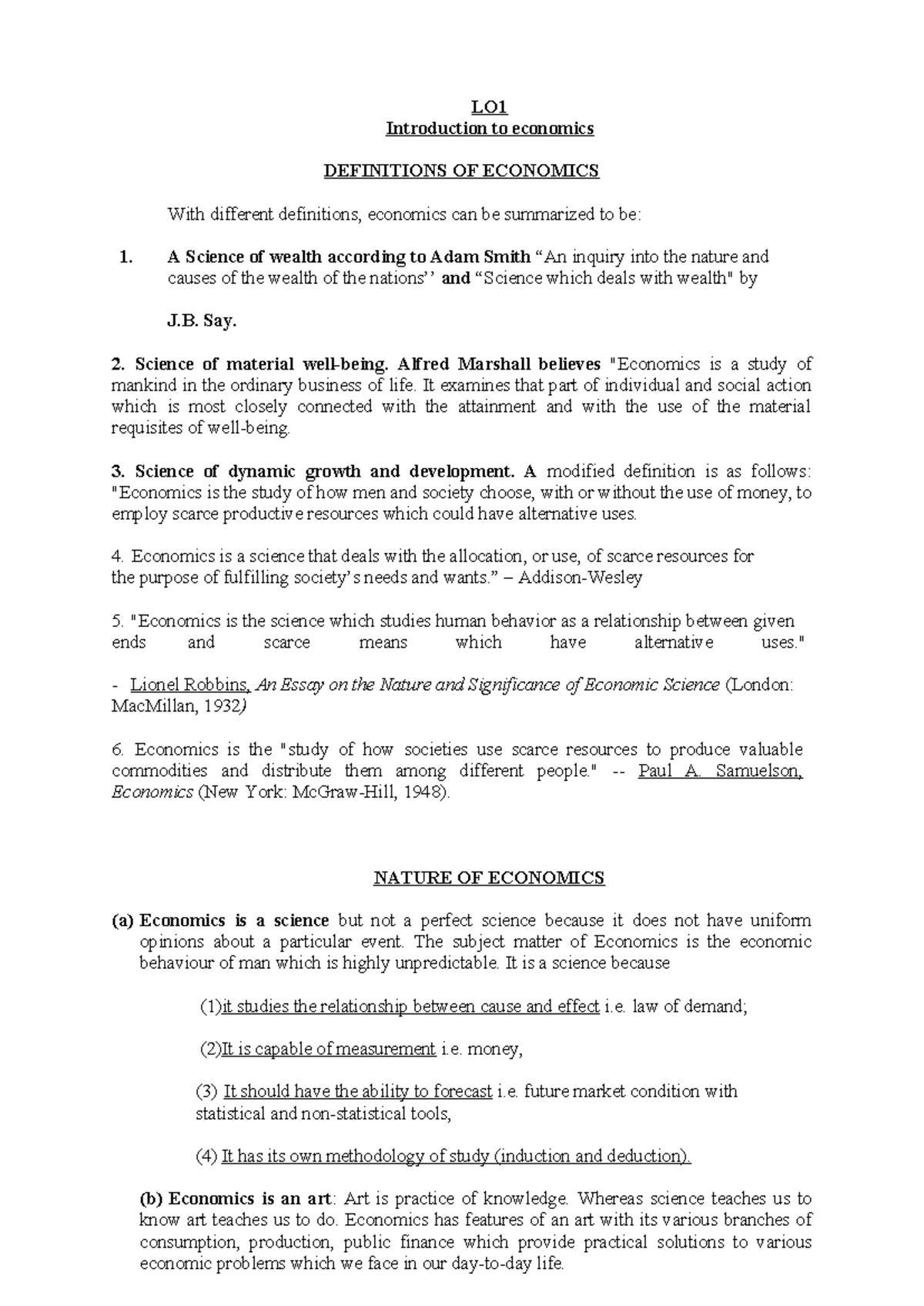 LO1 BE Economics - Key Concepts and Definitions of Economics - Studocu