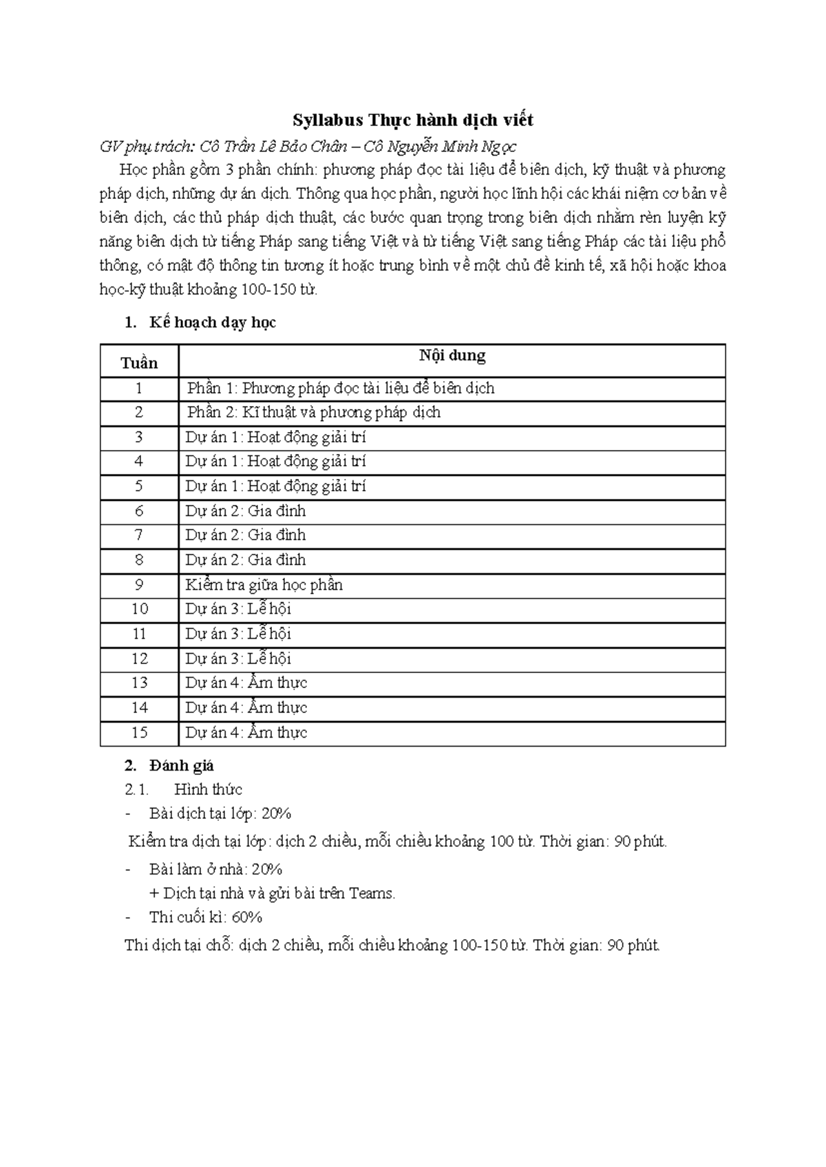 Syllabus THDV - Thực Hành Dịch Viết Chi Tiết và Kế Hoạch Dạy Học - Studocu