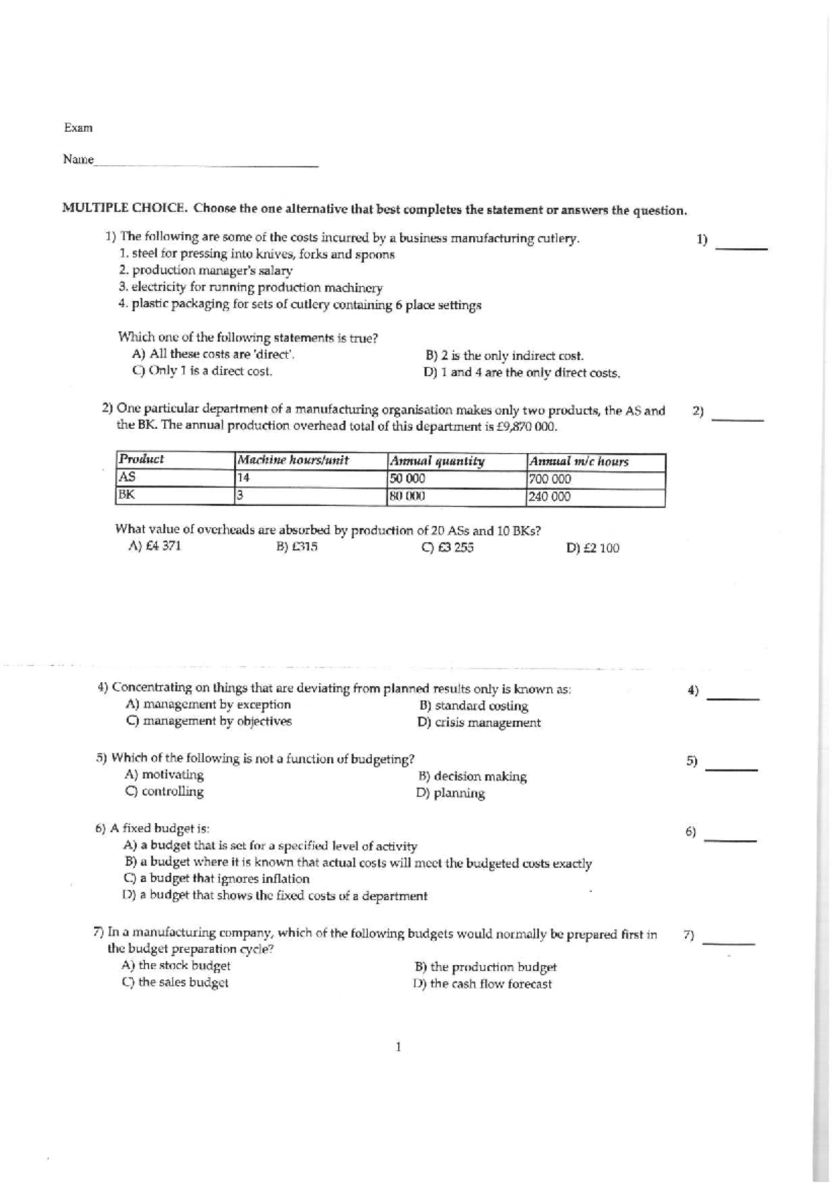 Mock Exam MCQ - Business Costs & Budgeting (Course Code: EXAM) - Studocu