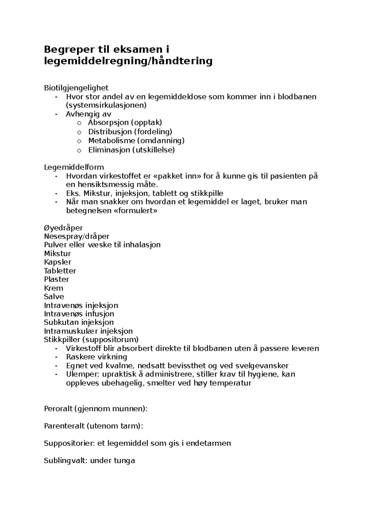 Begreper for Eksamen i Legemiddelregning: Nøkkelkonsepter - Studocu