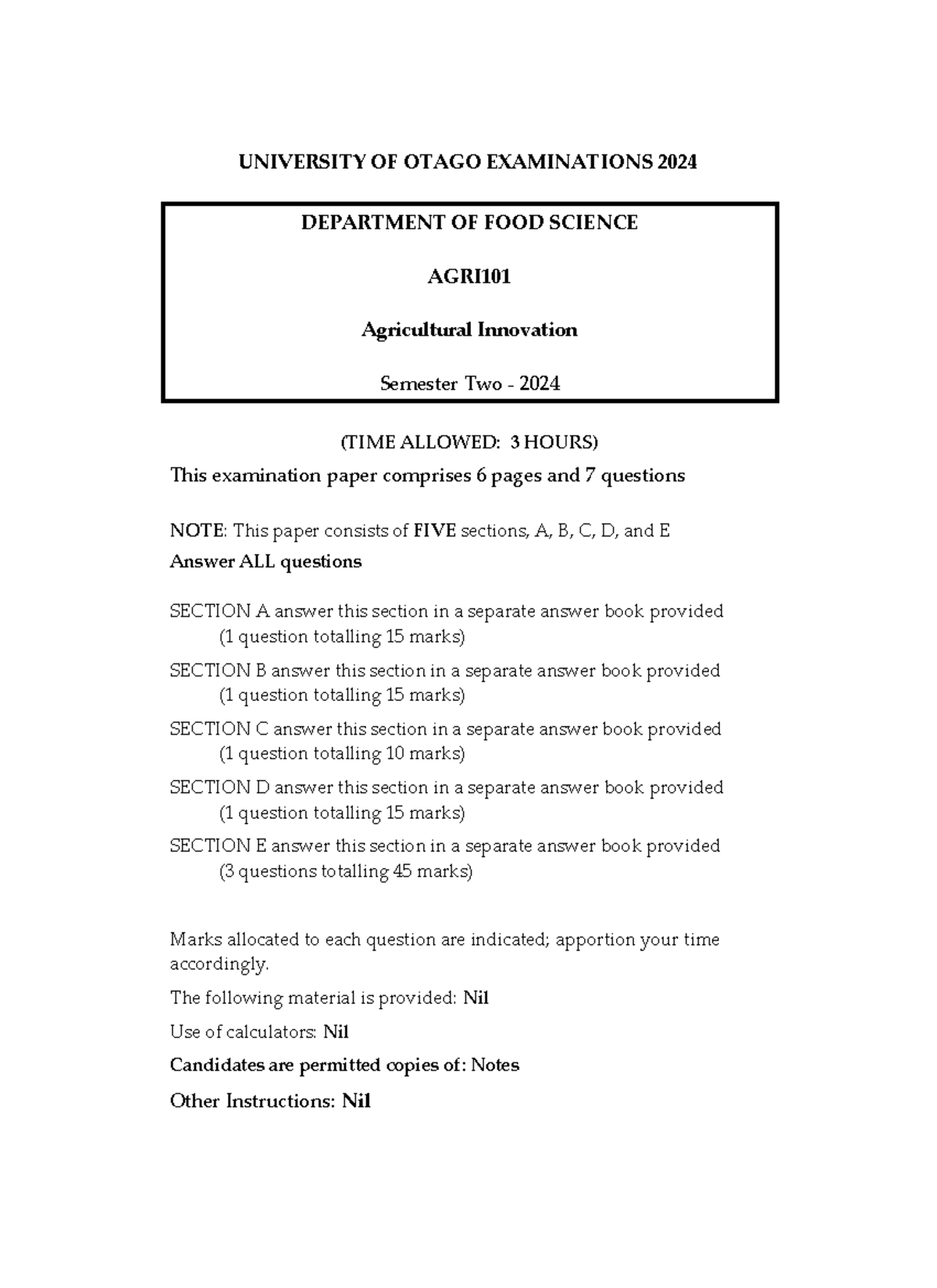 AGRI101 2024 S2 - Final Exam Paper on Agricultural Innovation - Studocu