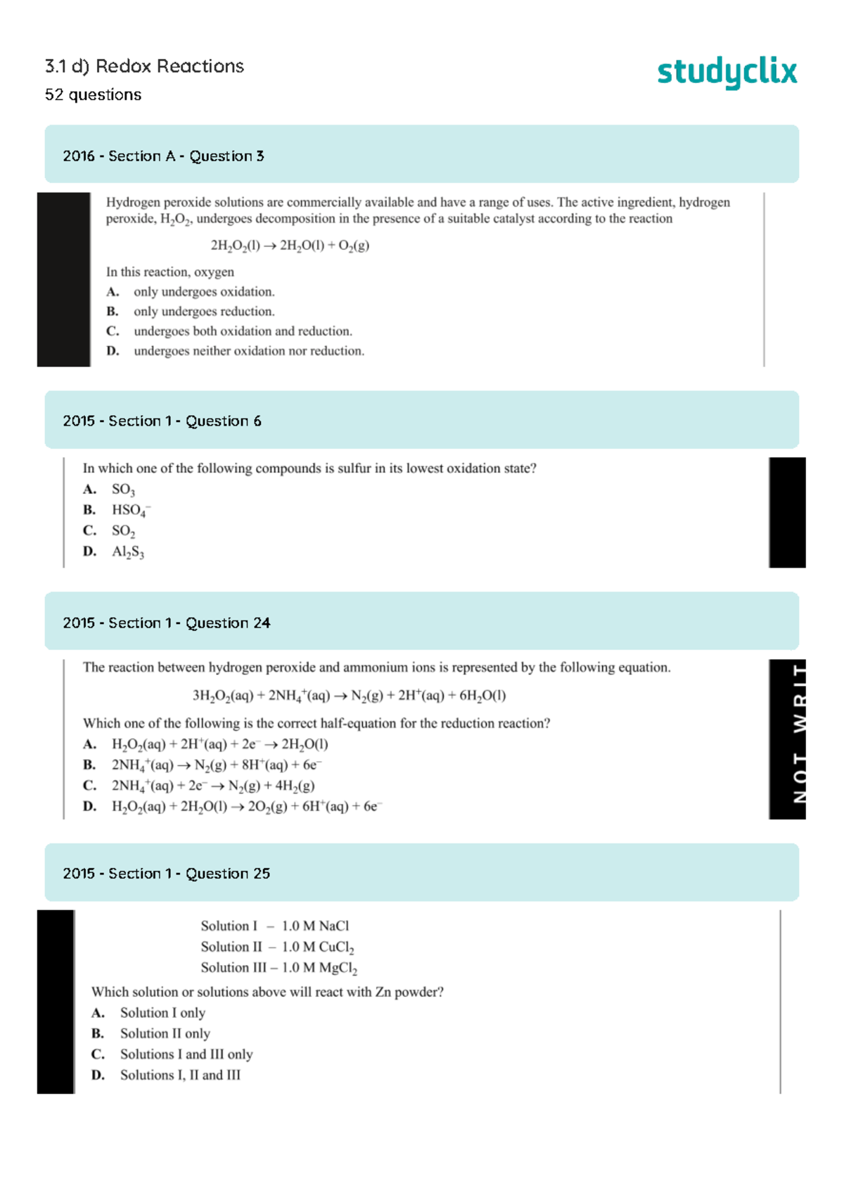 3.1 d) Redox Reactions: 52 Practice Questions for Exam Prep - Studocu