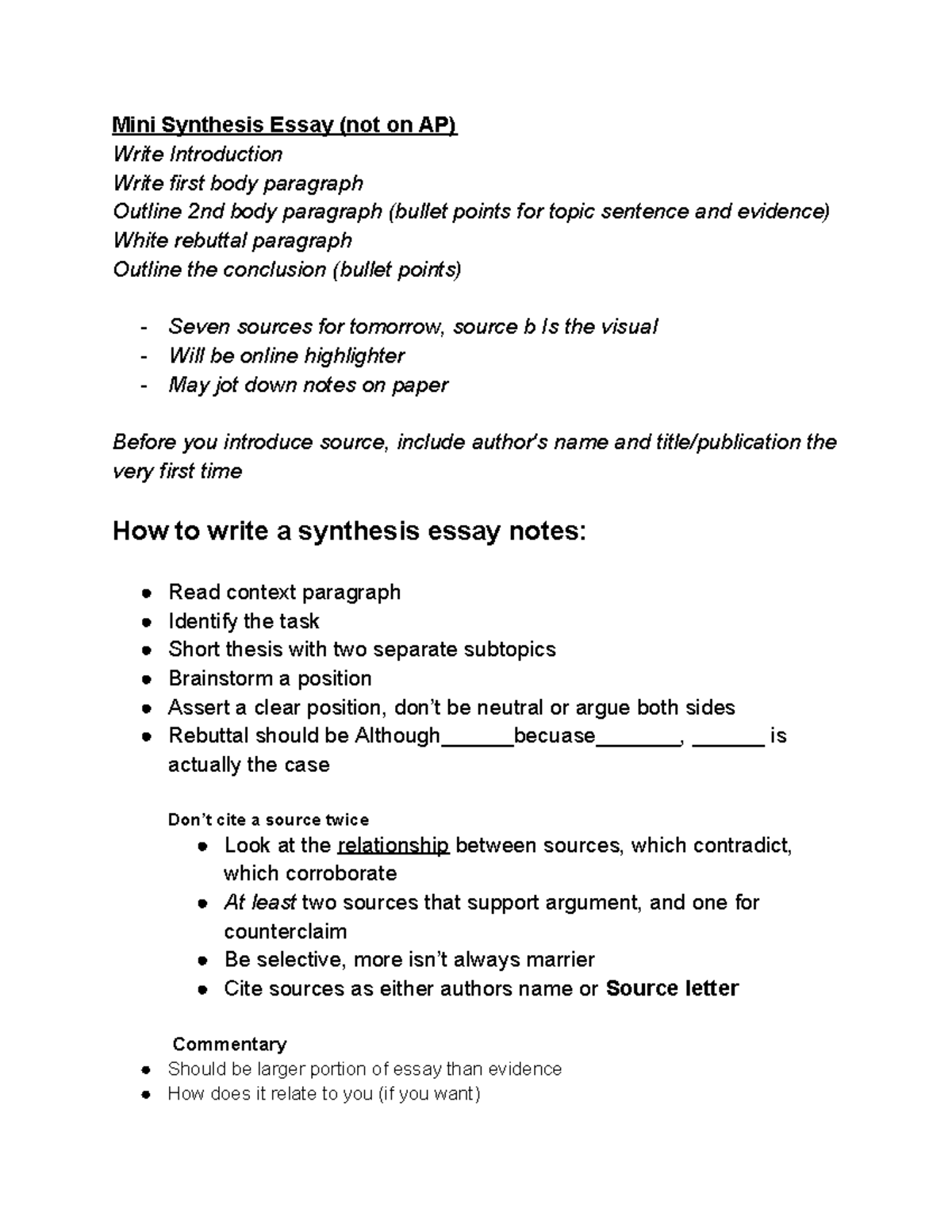 AP Lang Notes: Synthesis Essay Writing Guide for Exam Prep - Studocu