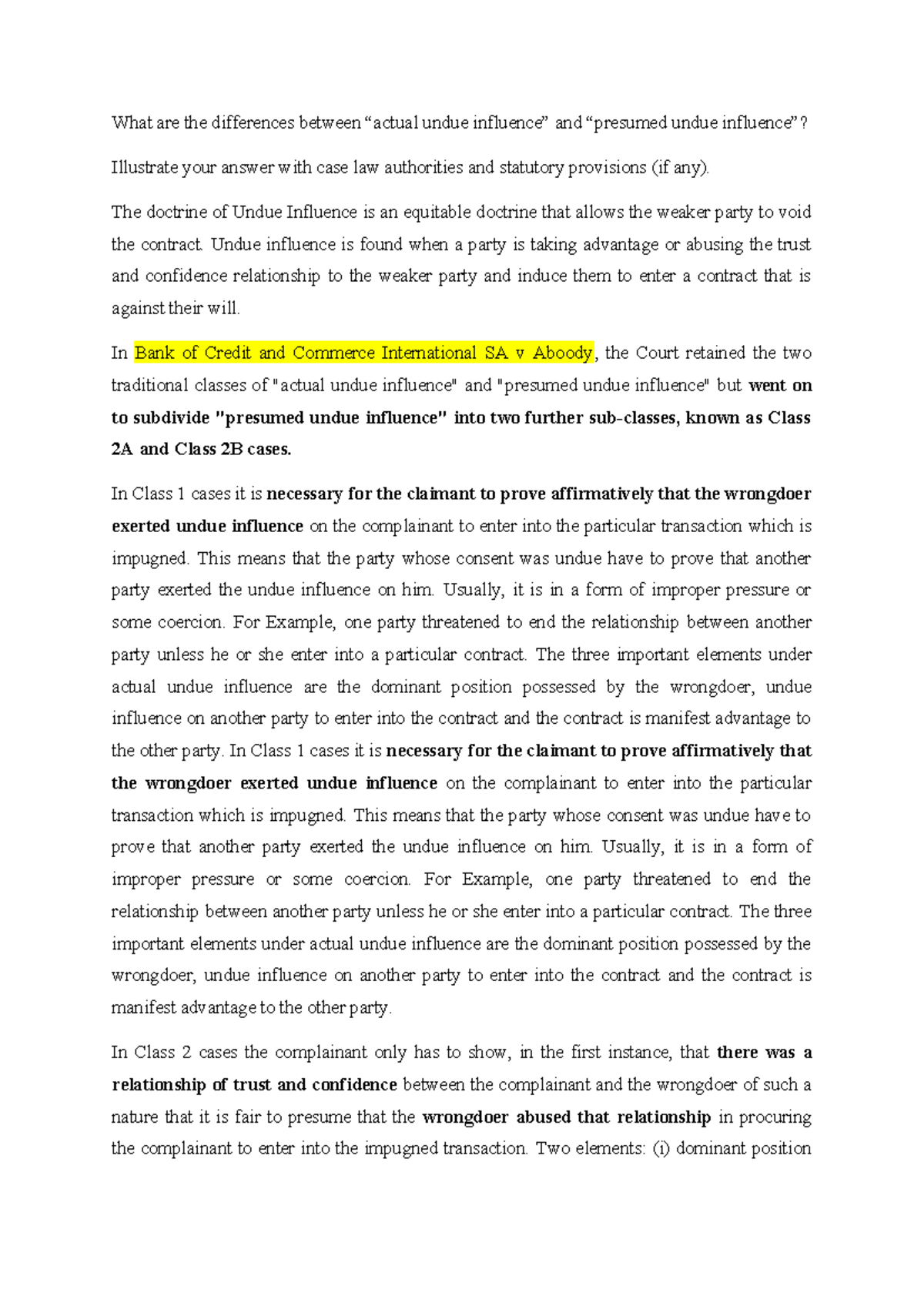 TUT 2 Essay Notes: Actual vs Presumed Undue Influence Explained - Studocu